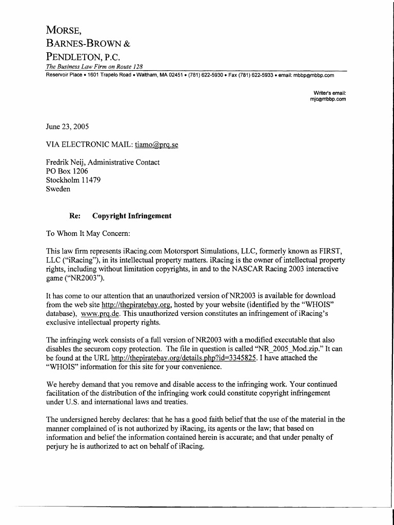 The Pirate Bay Take Down Letter | PDF