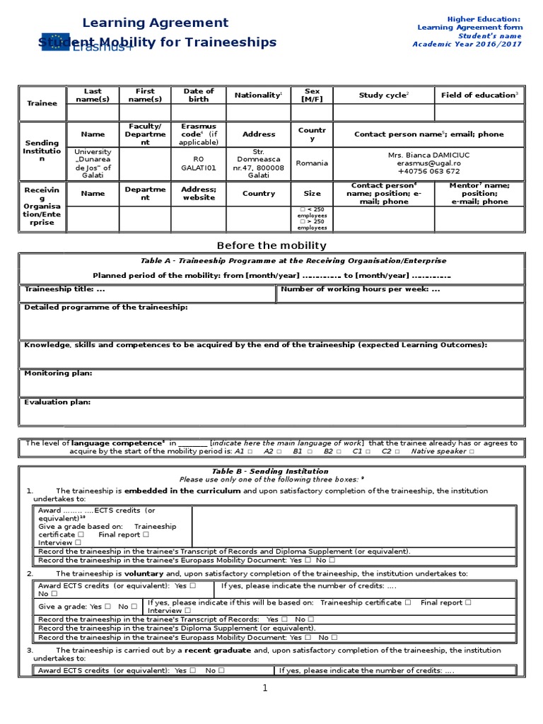 Learning Agreement For Traineeships 2016-2017 | PDF | Academic Degree | Behavior Modification