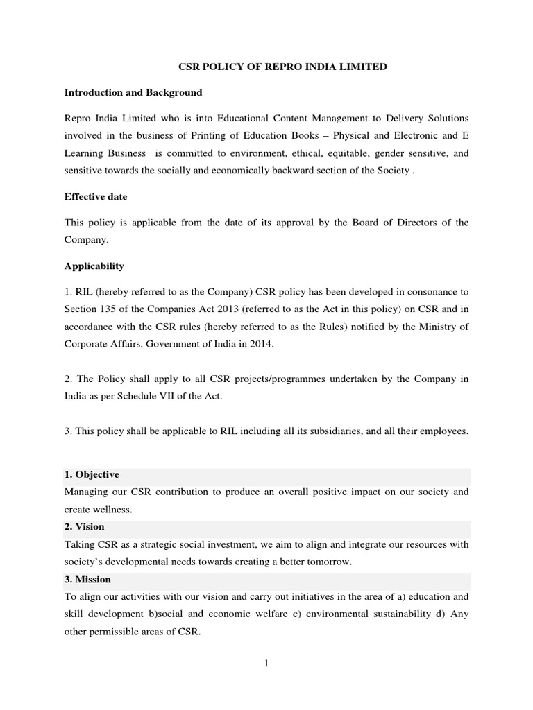 Repro India Limited-CSR Policy | PDF | Corporate Social Responsibility ...