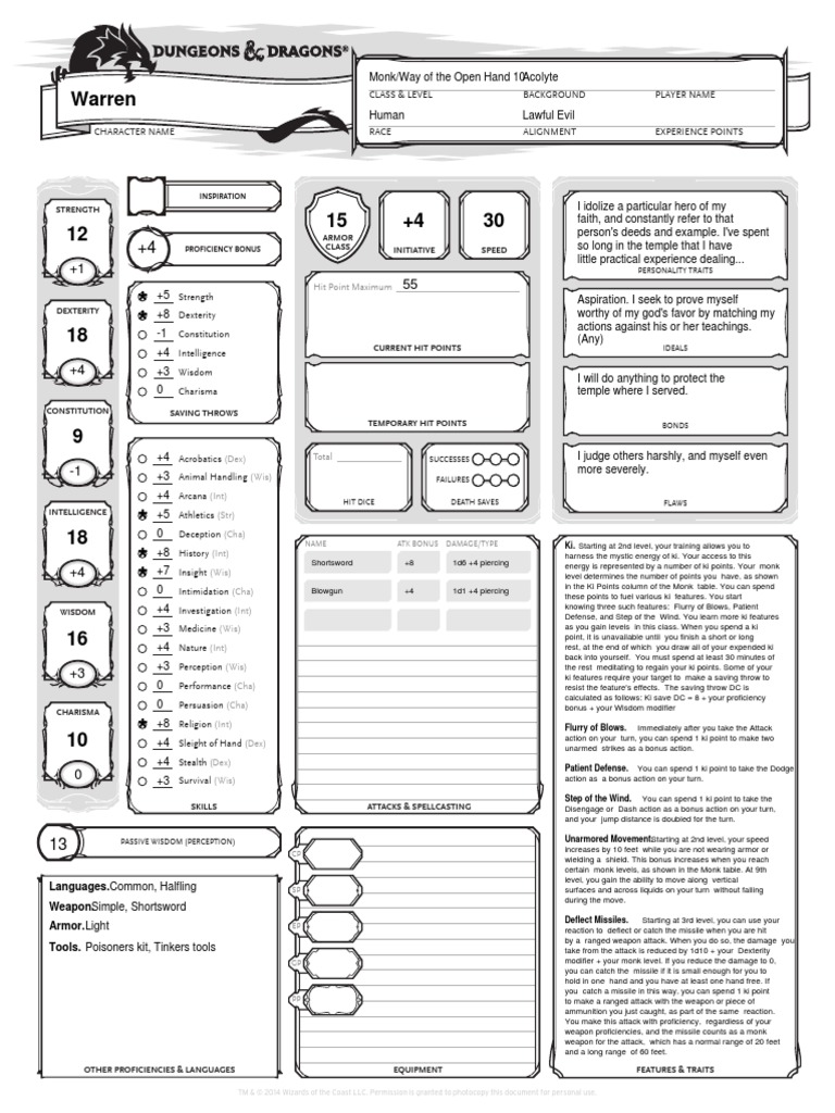 Warren Character Sheet | PDF | Role Playing Games | Leisure