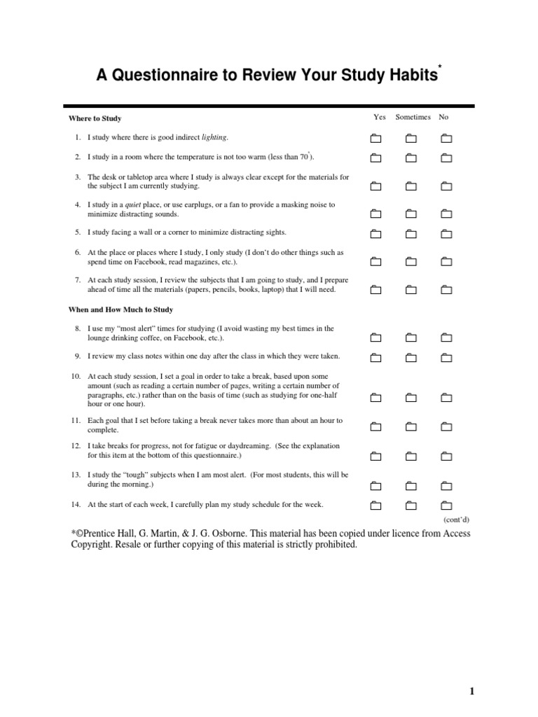 A Questionnaire To Review Your Study Habits PDF | PDF | Test ...