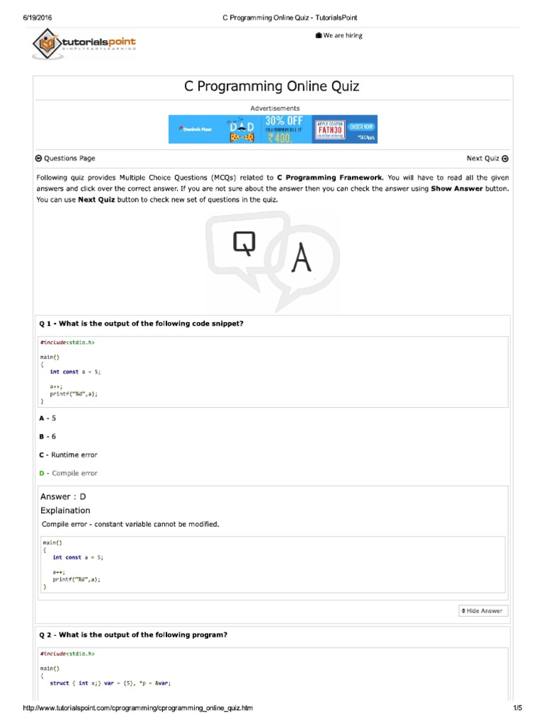 C Programming Online Quiz - TutorialsPoint | PDF