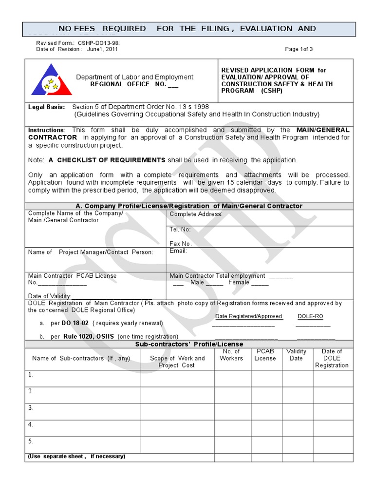 Revised Form CSH program | Occupational Safety And Health | Employment