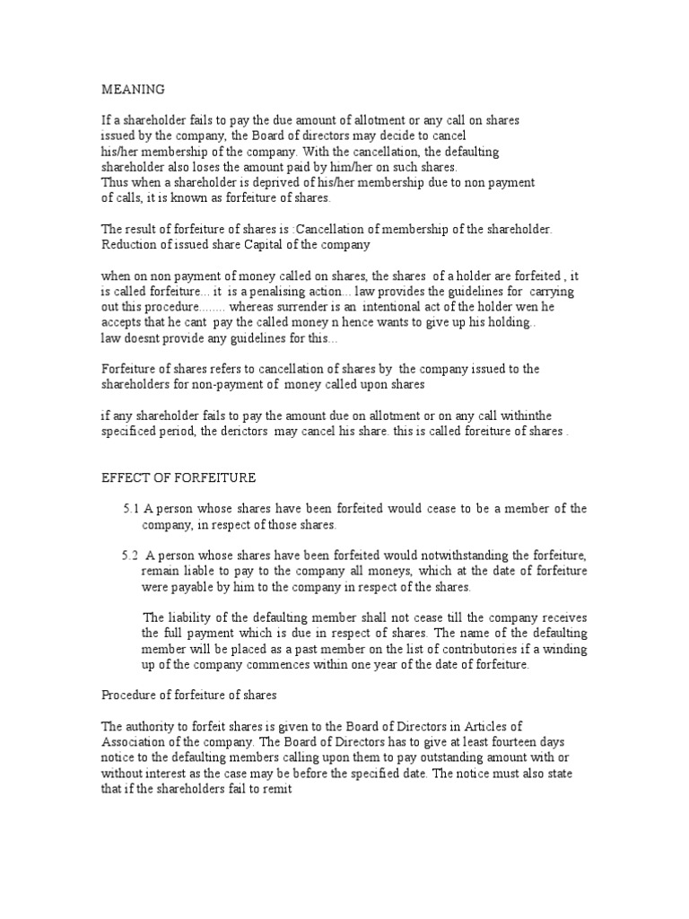 Forfeiture of Shares Procedure Explained | PDF | Board Of Directors ...