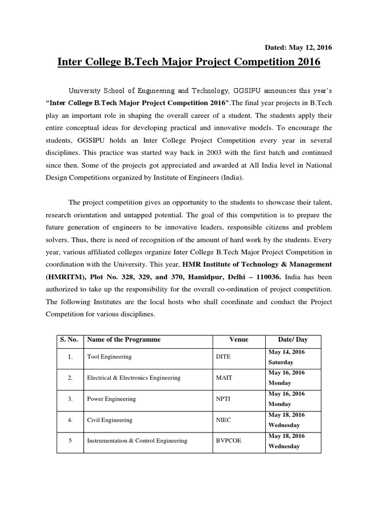 Inter College B.Tech Major Project Competition 2016: Dated: May 12 ...