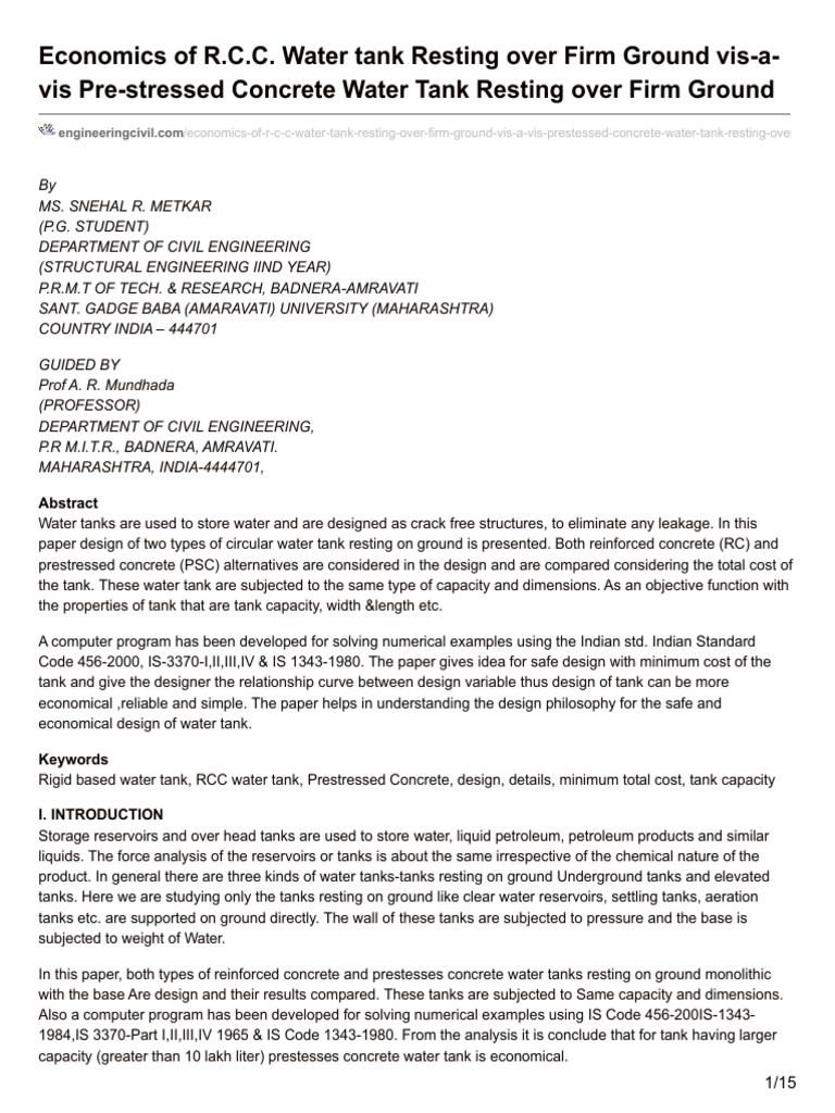 Economics of RCC Water Tank Resting Over Firm Ground Vis-A-Vis Pre ...
