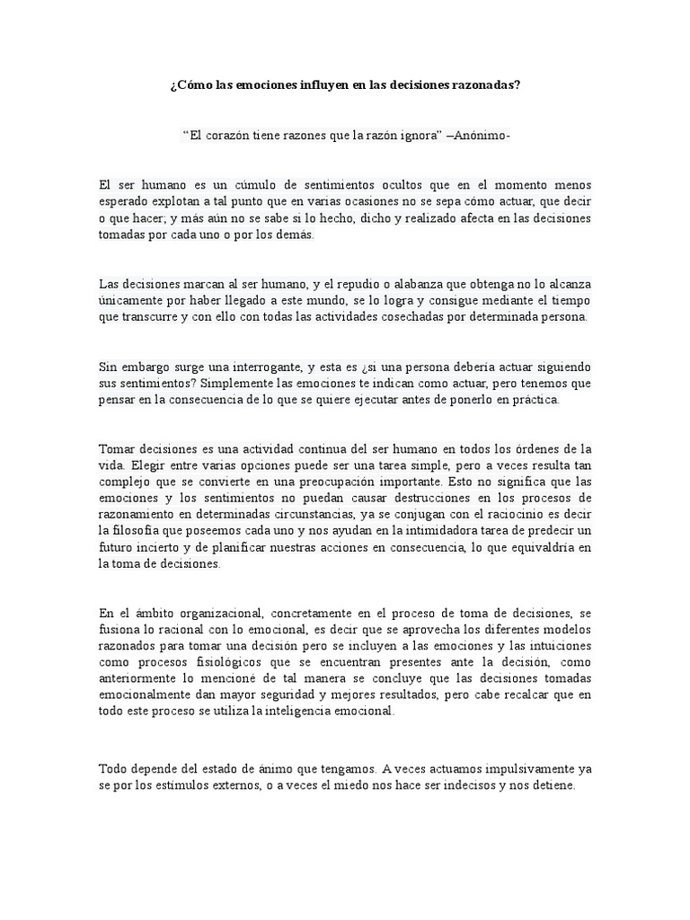 Cómo Las Emociones Influyen En Las Decisiones Razonadas Pdf Toma De