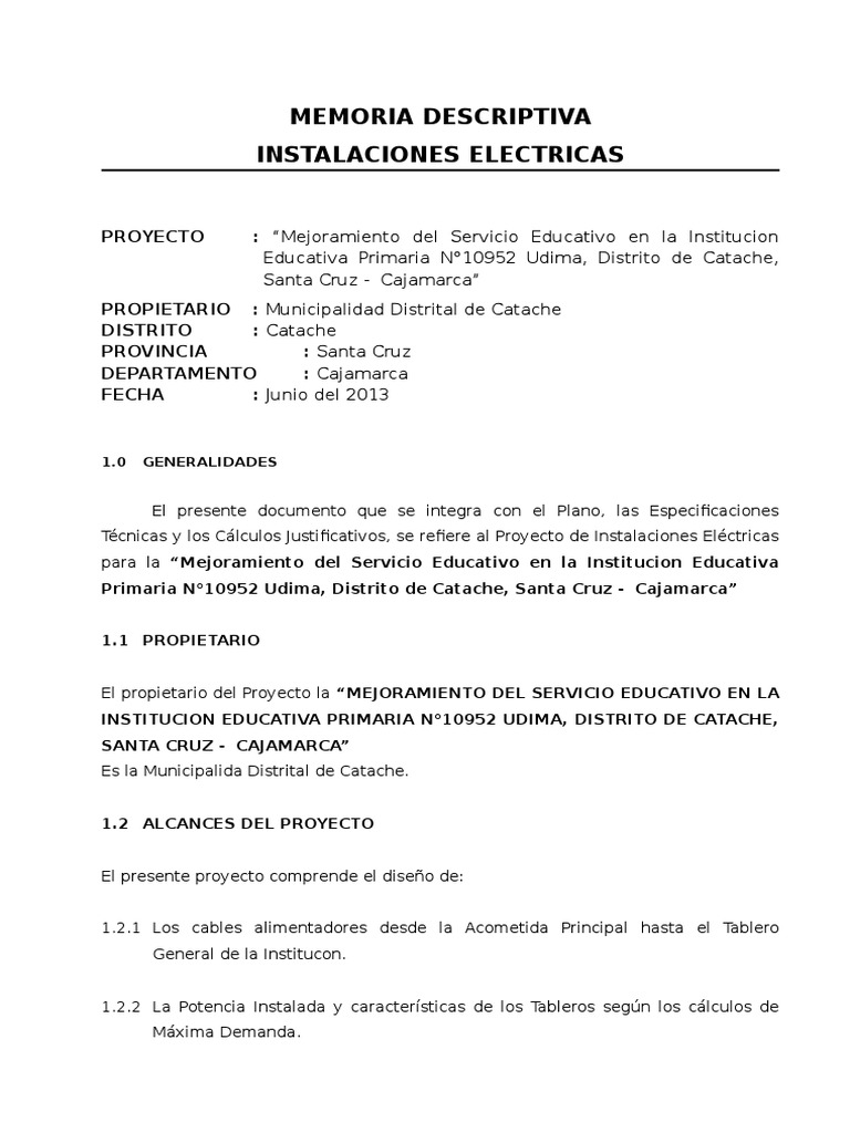 Memoria Descriptiva Instalaciones Electricas | PDF | Enchufes y tomas de corriente alterna ...