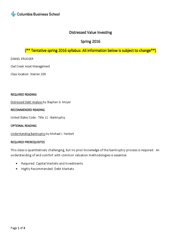 Distressed Value Investing (Krueger) SP2016 | PDF | Valuation (Finance ...