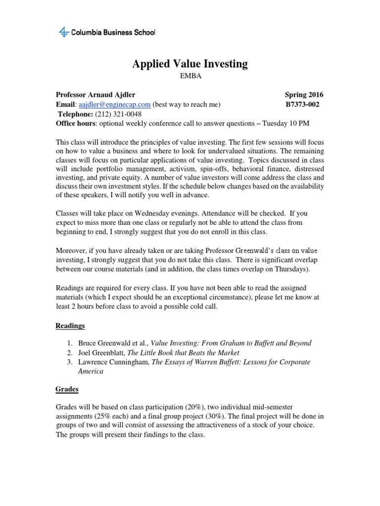 EMBA Applied Value Investing (Ajdler) SP2016 | PDF | Value Investing ...