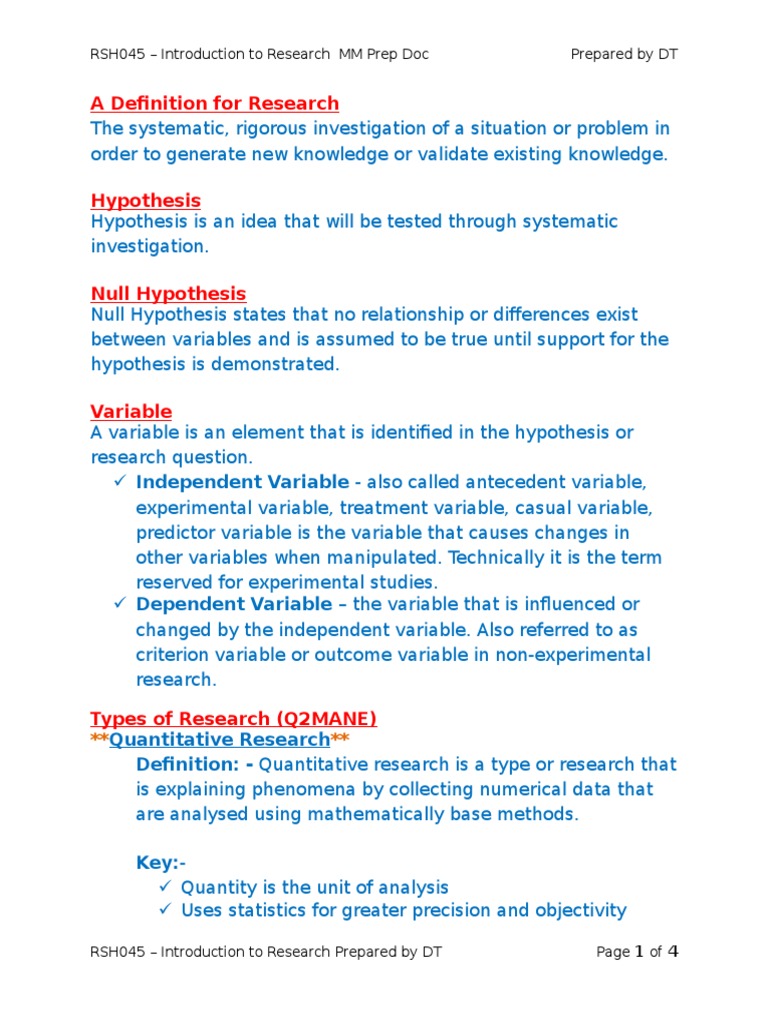 A Definiti On For Rese Arch: Independent Variable - Also Called ...