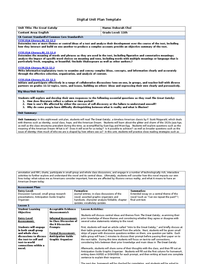 Digital Unit Plan Template - The Great Gatsby | PDF | The Great Gatsby ...