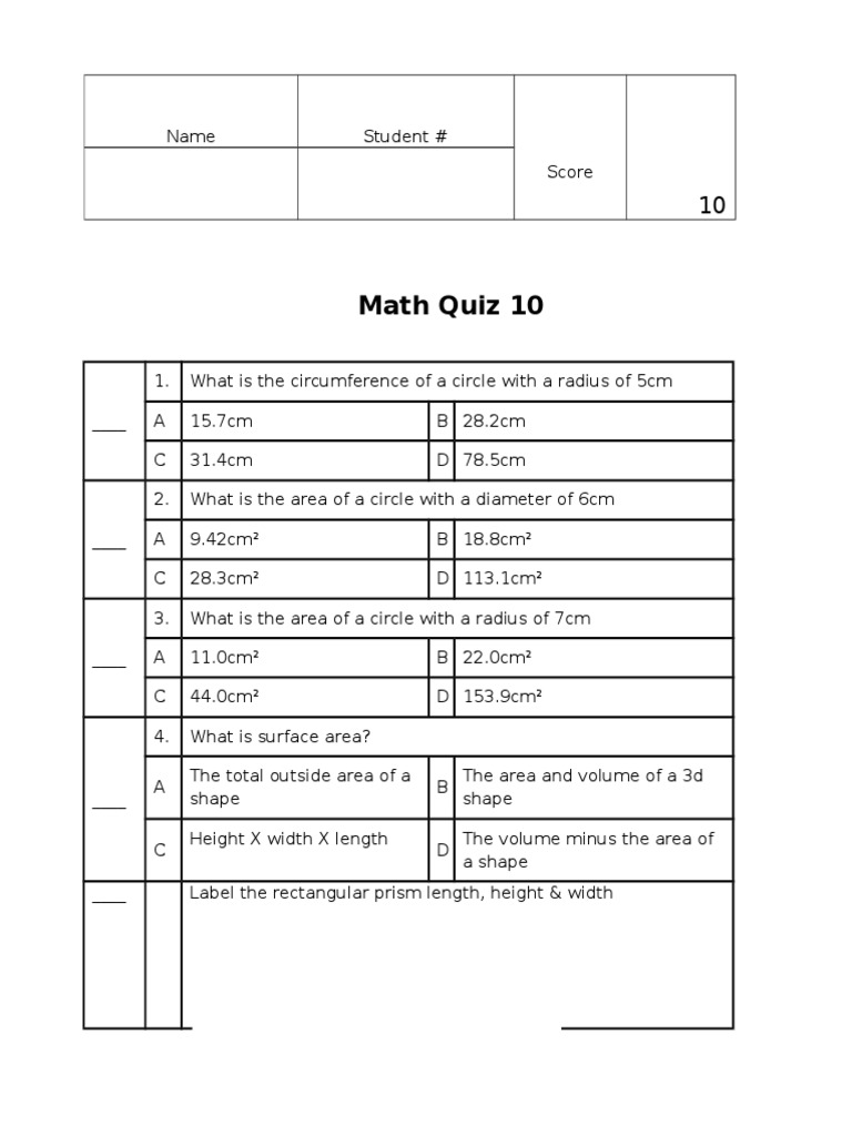 Geometry Quiz: Circles & Surface Area | PDF