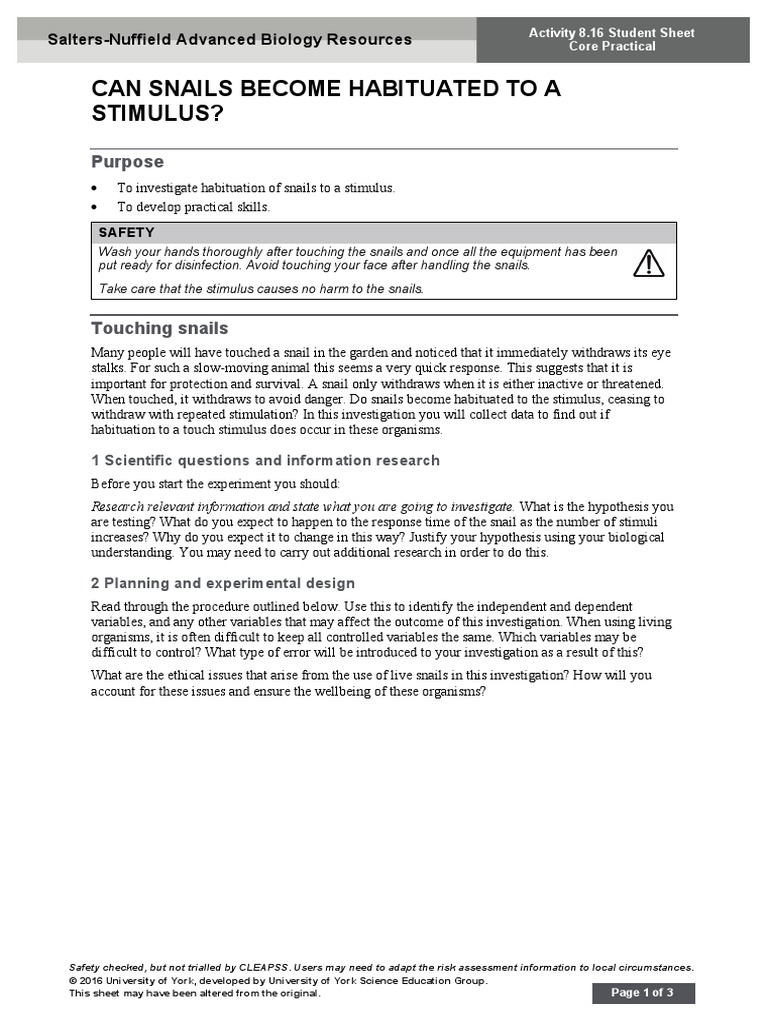 A Level Biology A Core Practical 18 - Habituation in A Snail | PDF ...