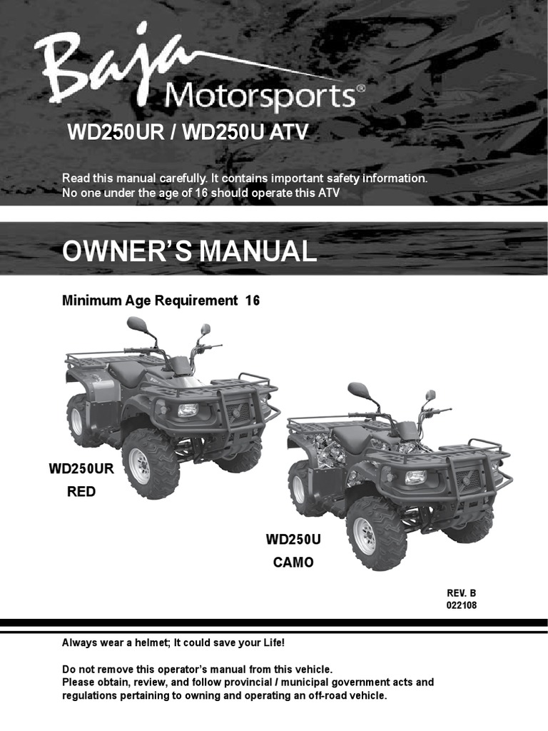 Baja WD250U ATV Owner's Manual | PDF | Transmission (Mechanics) | Brake