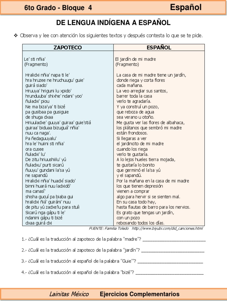 Ejercicios de Español e Indígena para Niños | PDF | Artes del Lenguaje ...