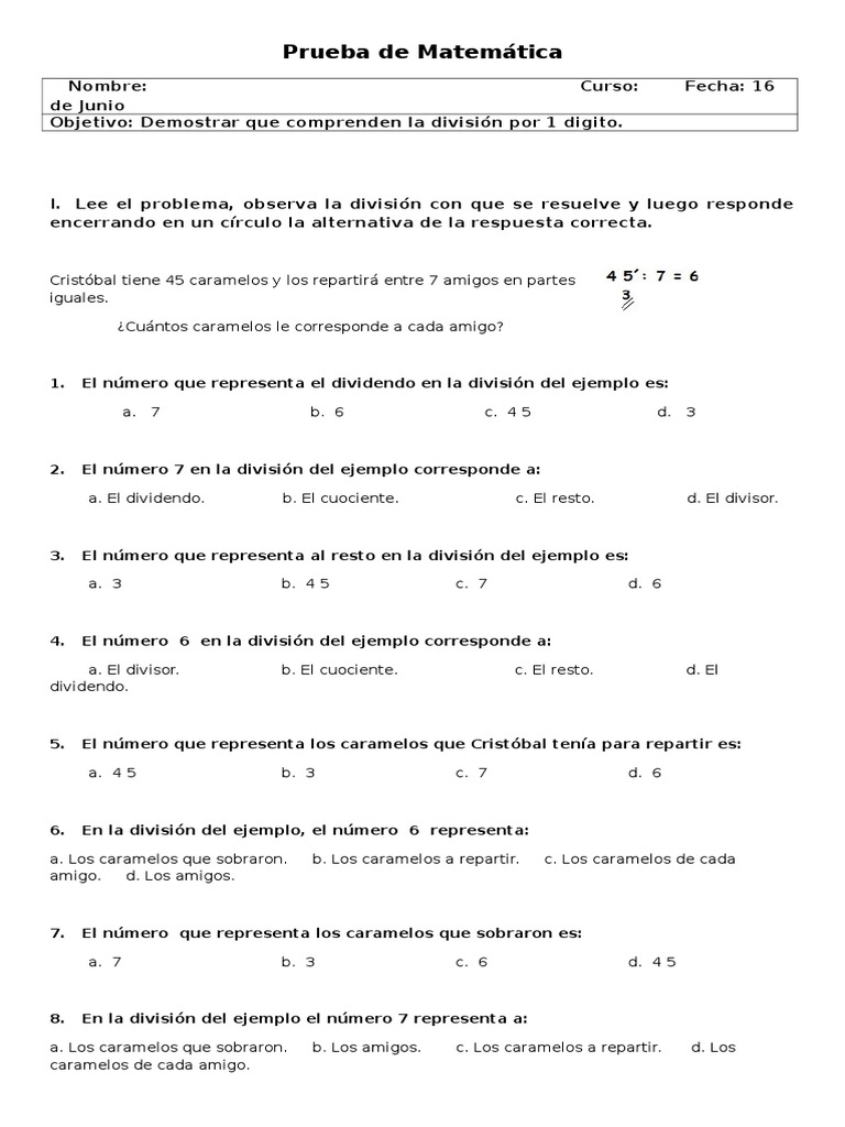 Prueba de Divisiones 4to Básico | PDF | Métodos y materiales de enseñanza