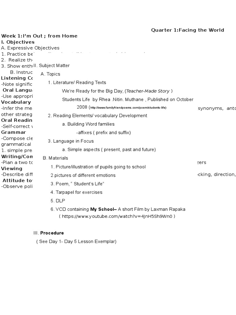 Lesson Exemplar Quarter 1 Week 1 FINAL | PDF | Verb | Semantics