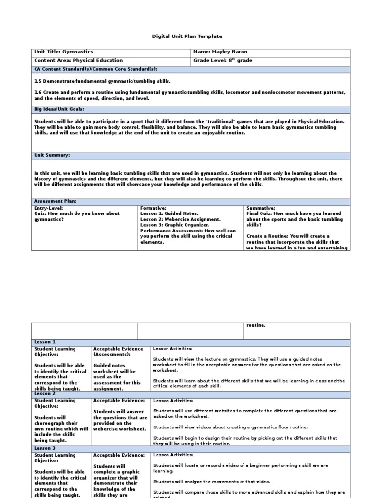 Gymnastics Unit Plan by Hayley Baron | PDF