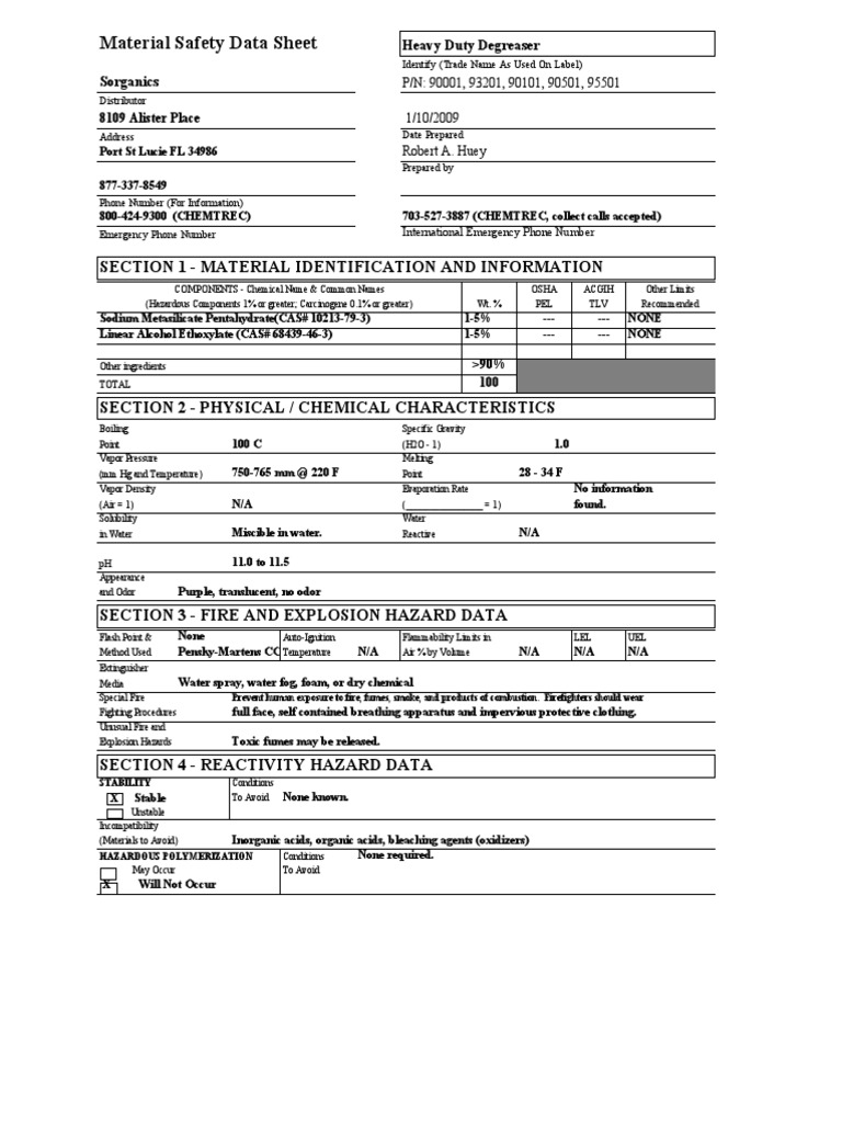 MSDS Sorganics 1 Heavy Duty Degreaser Rev. 09-22-09 | PDF | Dangerous ...