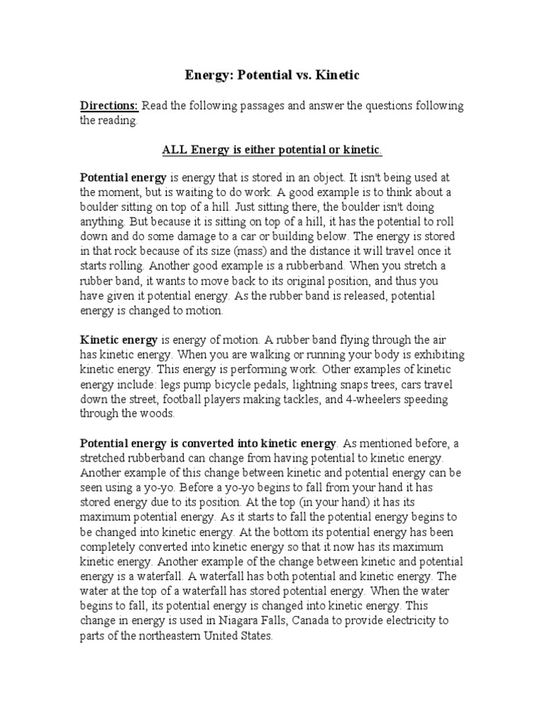 Potential and Kinetic Energy Reading Activity | PDF | Kinetic Energy ...