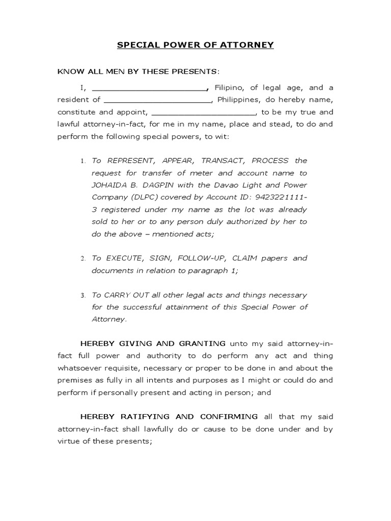 SPA - Sample | PDF | Power Of Attorney | Civil Law (Common Law)