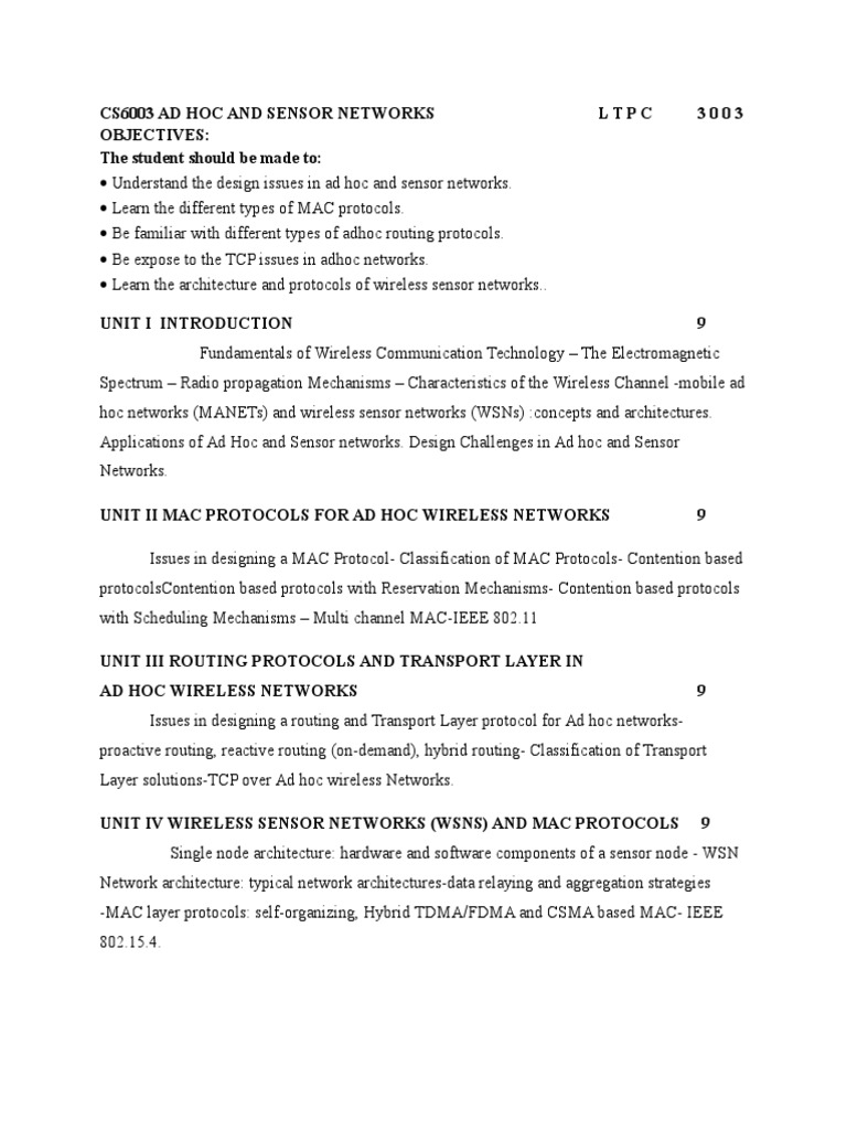 Cs6003 Ad Hoc and Sensor Networks L T P C | PDF | Wireless Ad Hoc ...