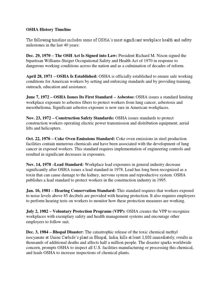 OSHA History Timeline | PDF | Occupational Safety And Health ...