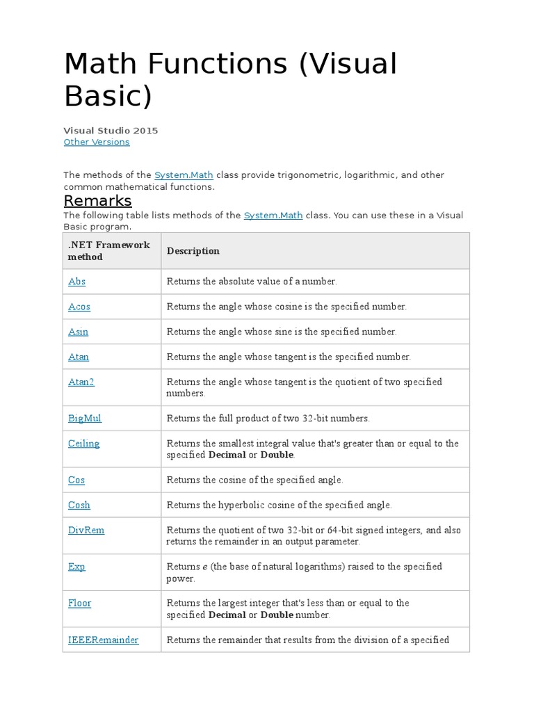 Math Functions (Visual Basic) | PDF | Trigonometric Functions | Sine