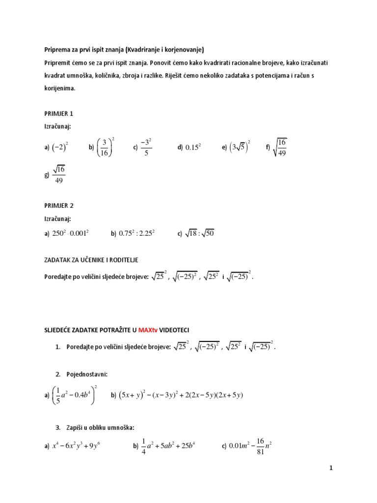 Priprema Za Prvi Ispit Znanja (Kvadriranje I Korjenovanje) | PDF