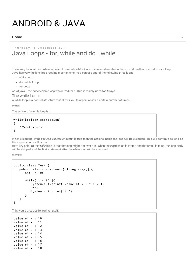 Android And Java Java Loops For While And Do While Pdf Pdf Control Flow Boolean Data