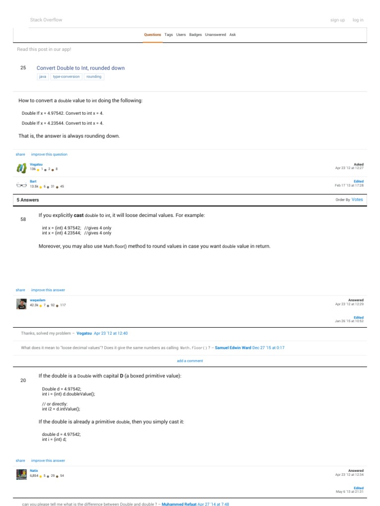 Convert Double To Int, Rounded Down - Stack Overflow PDF | PDF | Integer (Computer Science ...