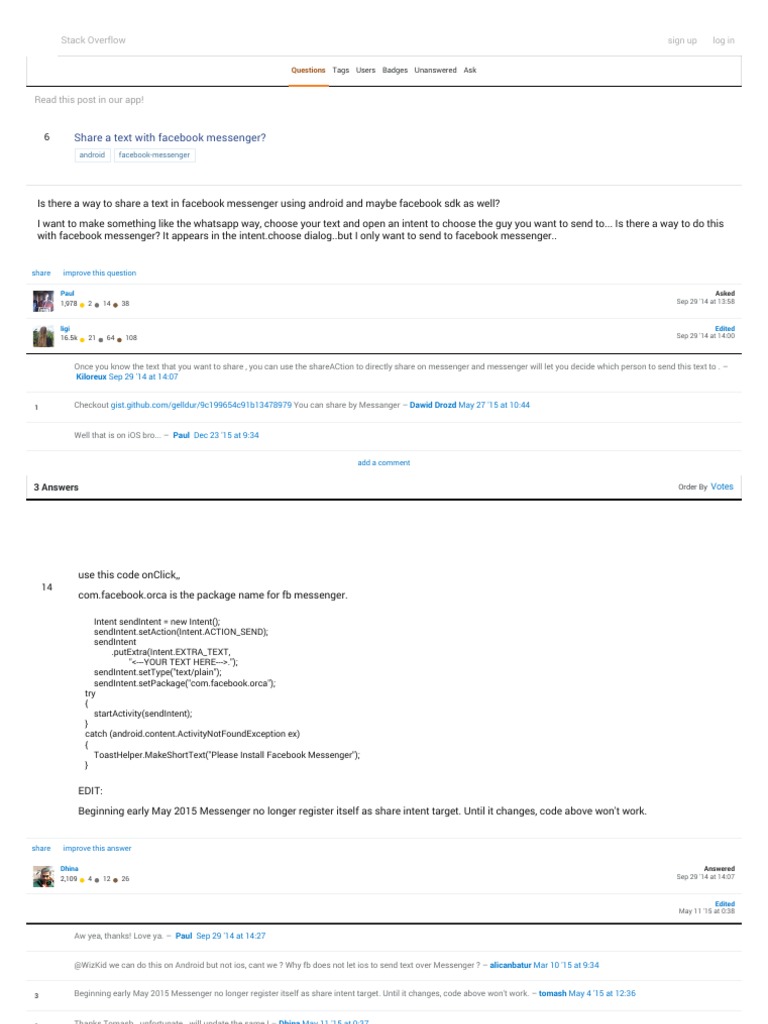 Share A Text With Facebook Messenger - Stack Overflow PDF | PDF | Facebook | Online Services