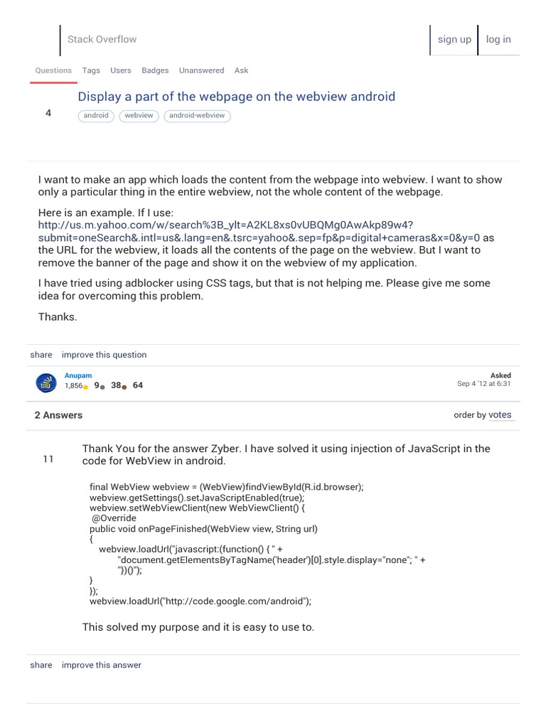 Display A Part of The Webpage On The Webview Android - Stack Overflow ...