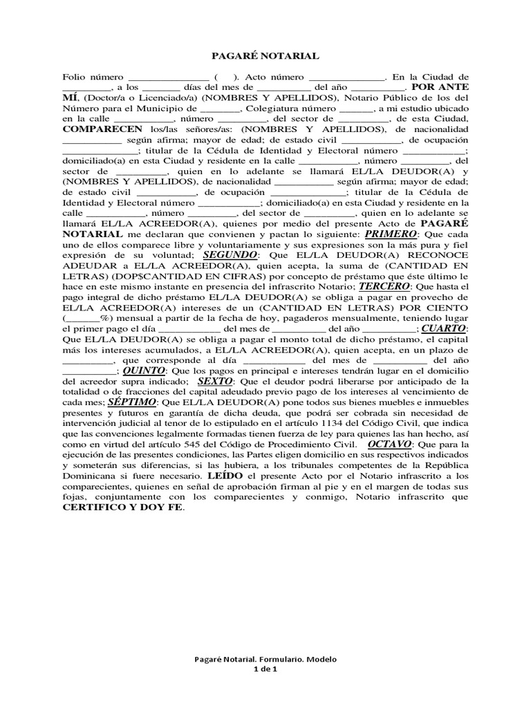 Pagare Notarial Formulario Modelo