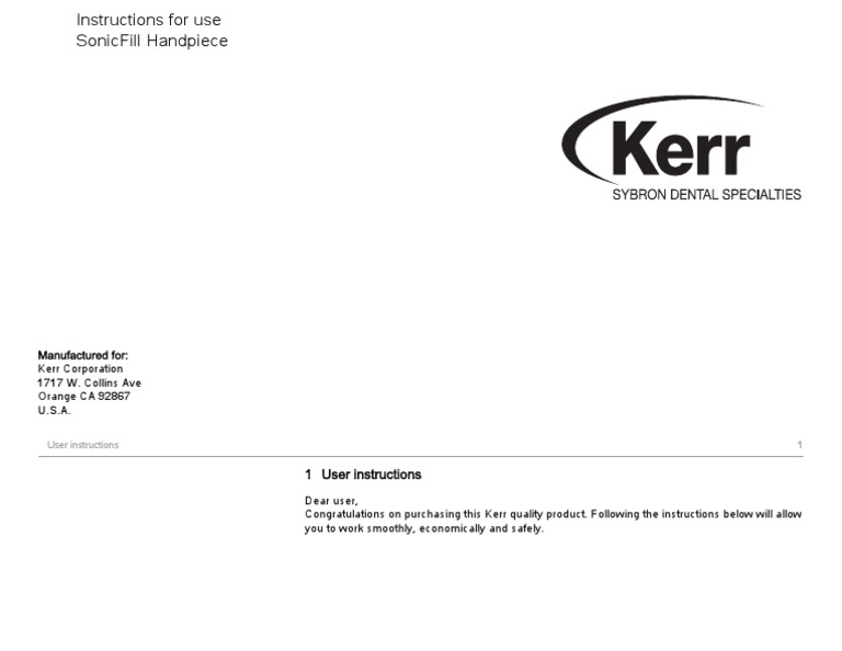 SonicFill Handpiece Instructions For Use | PDF | Sterilization ...