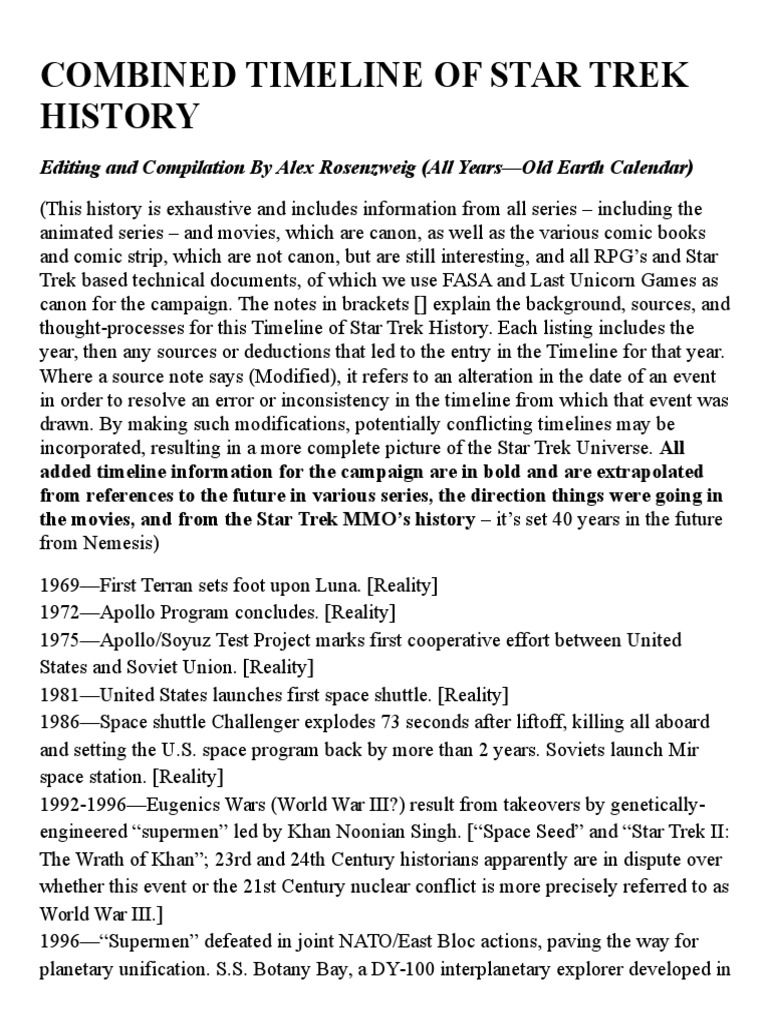 Combined Timeline of Star Trek History | United Federation Of Planets ...