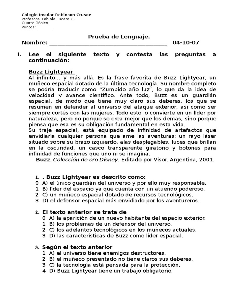 Prueba de Lenguaje 4° Básico Comprensión Lectora y Gramática. | Género ...