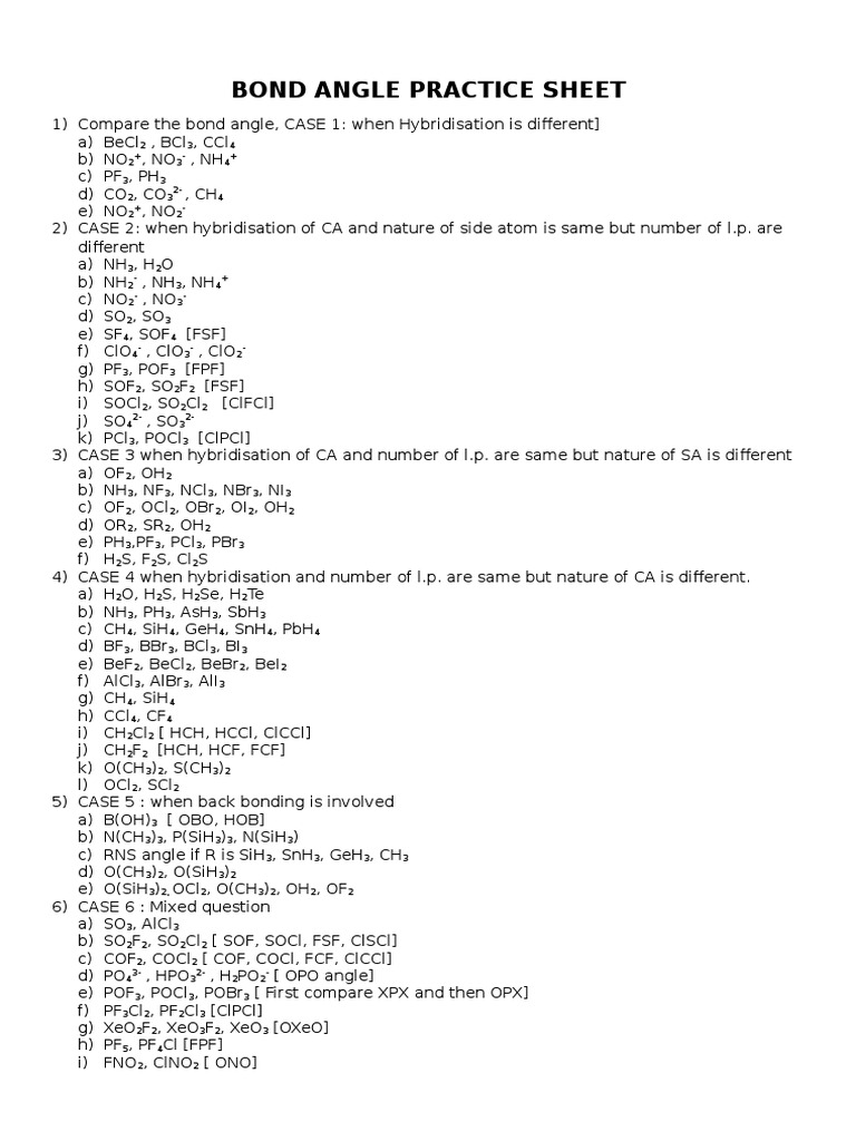 Bond Angle Comparison Practice Sheet | PDF