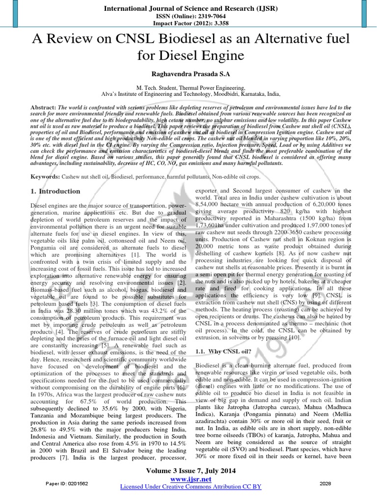 A Review On CNSL Biodiesel | PDF | Biodiesel | Diesel Fuel