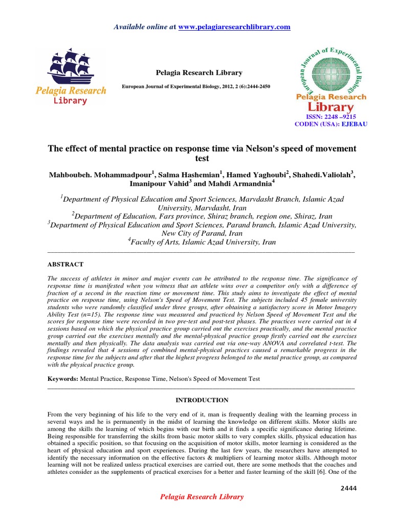 The Effect of Mental Practice On Response Time Via Nelson's Speed of ...