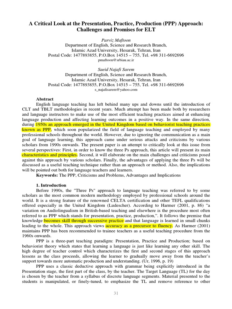 A Critical Look at The Presentation, Practice, Production (PPP ...