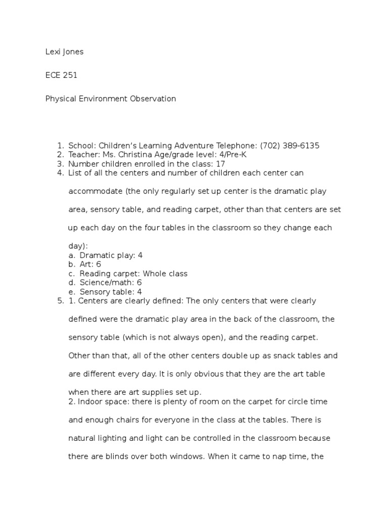 Physical Environment Observation | PDF | Classroom