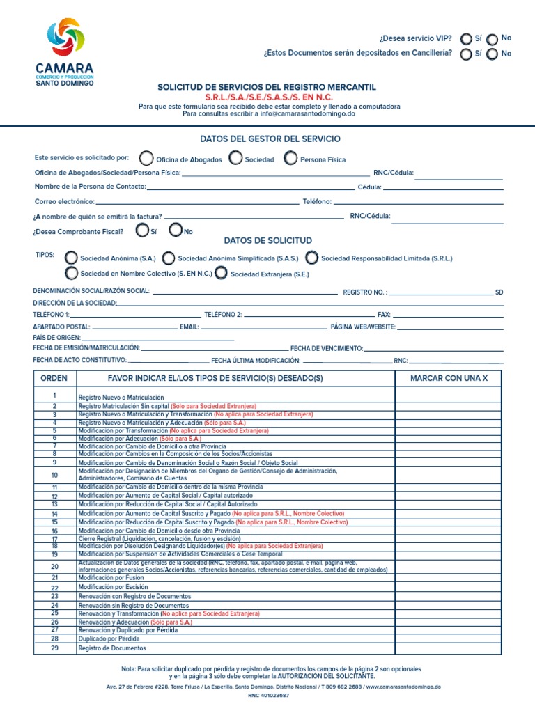 Formulario Solicitud de Servicios Del Registro Mercantil S.R.L.-S.A.-S.E.-S.A.S.-S.-EN-N.C PDF ...