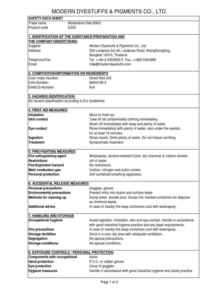 Red BWS - SDS | PDF | Chemistry | Chemical Substances