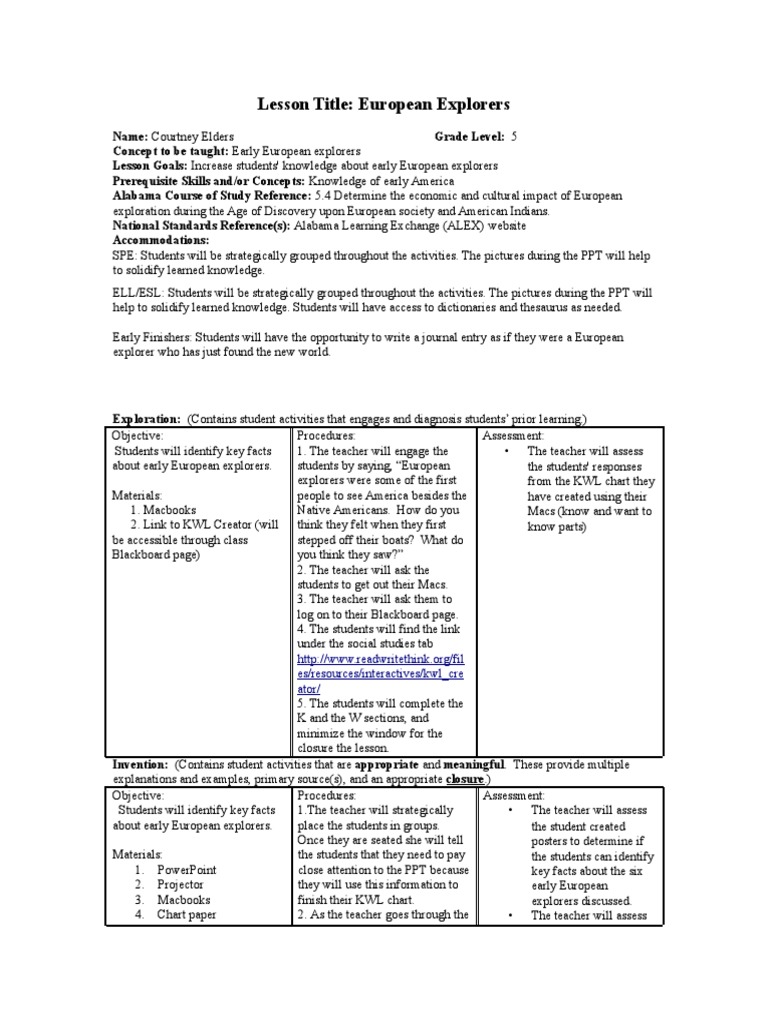 Early European Explorers Lesson Plan | PDF | Educational Assessment ...