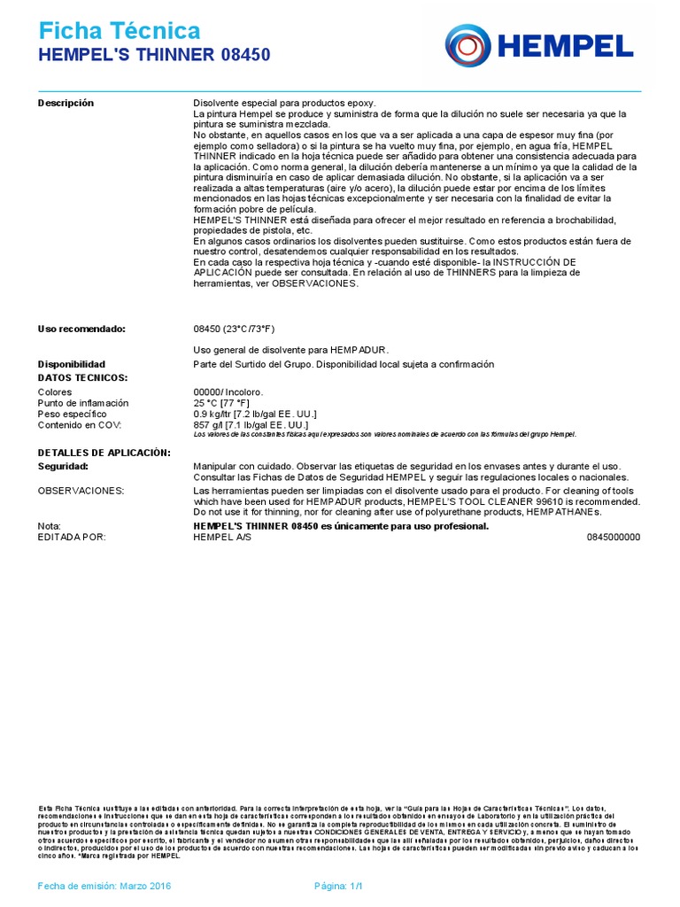 Ficha técnica de HEMPEL'S THINNER 08450, un diluyente para productos ...