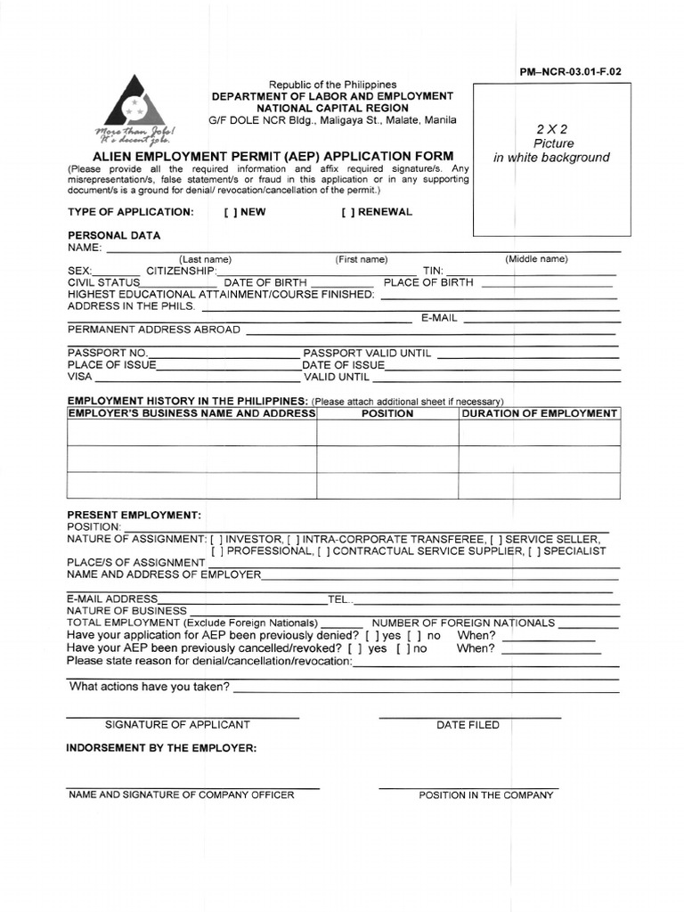AEP Application Form for DOLE NCR | PDF | Nationality Law ...
