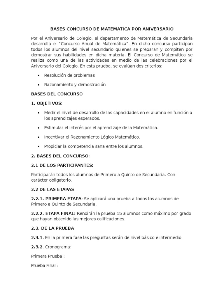 Bases Concurso de Matematica | PDF | Educación Secundaria | Enseñanza de matemática
