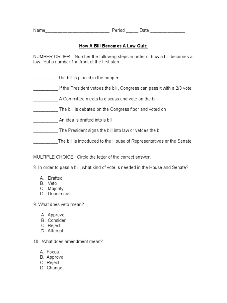 4 - How A Bill Becomes A Law Quiz | PDF | Law